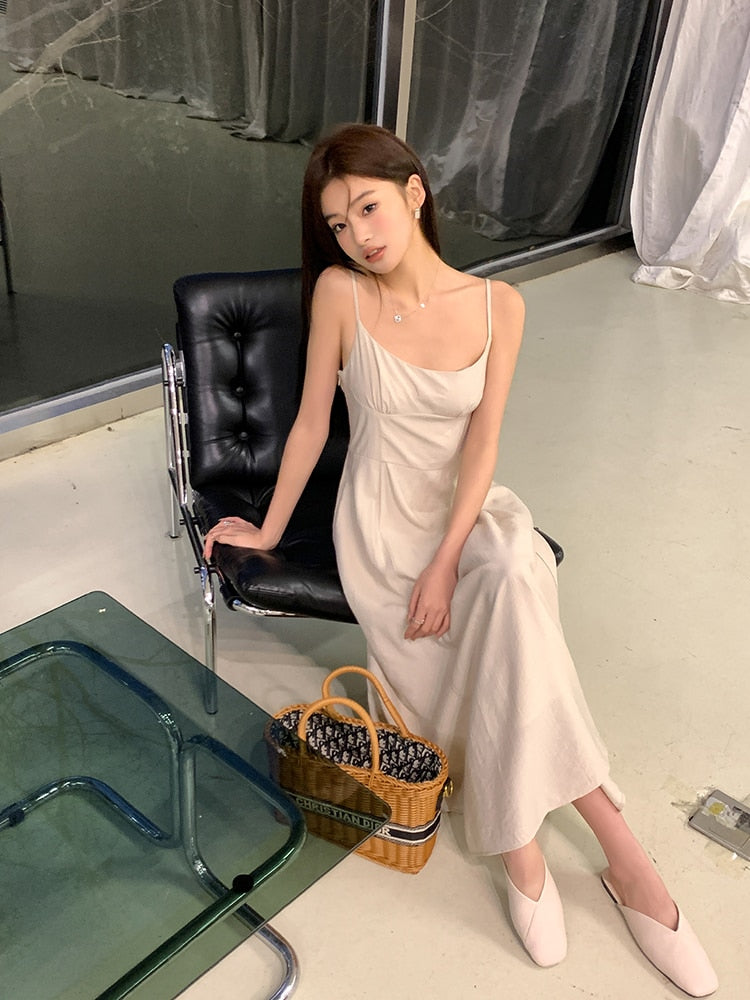 [Korean Style] Chic Apricot Spaghetti Strap A Line Long Dresses – Ordicle