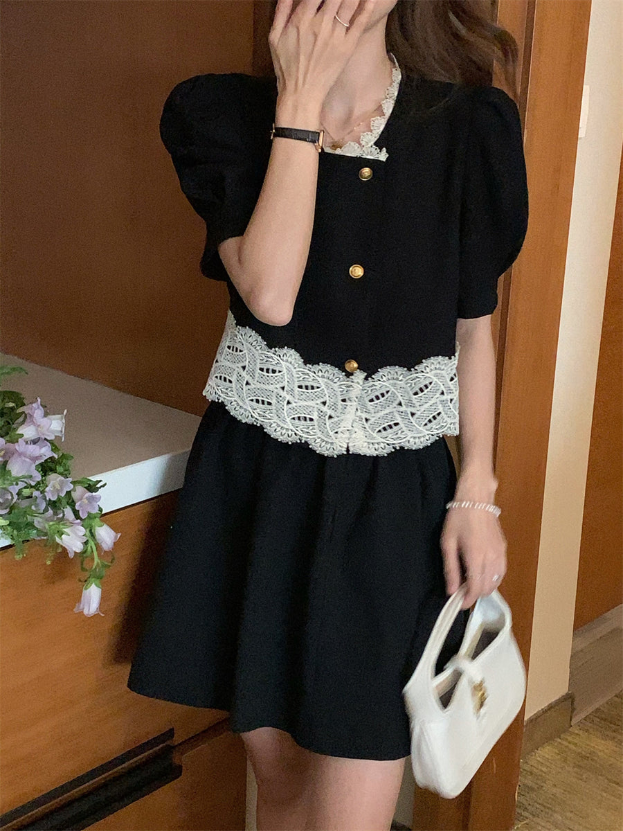 [Korean Style] Black Puff Sleeve Lace Shirt Skirt 2 pc Set – Ordicle
